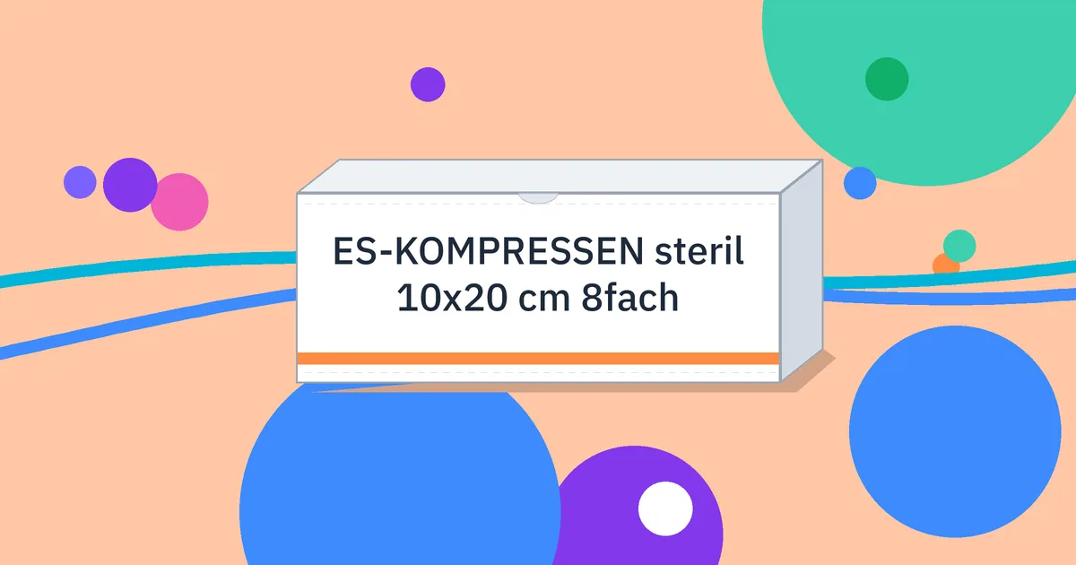 Symbolbild: Packung mit der Aufschrift ES-KOMPRESSEN steril 10x20 cm 8fach (PZN 01407146) – Verfügbarkeit und Bezug in Apotheken in Frankfurt am Main