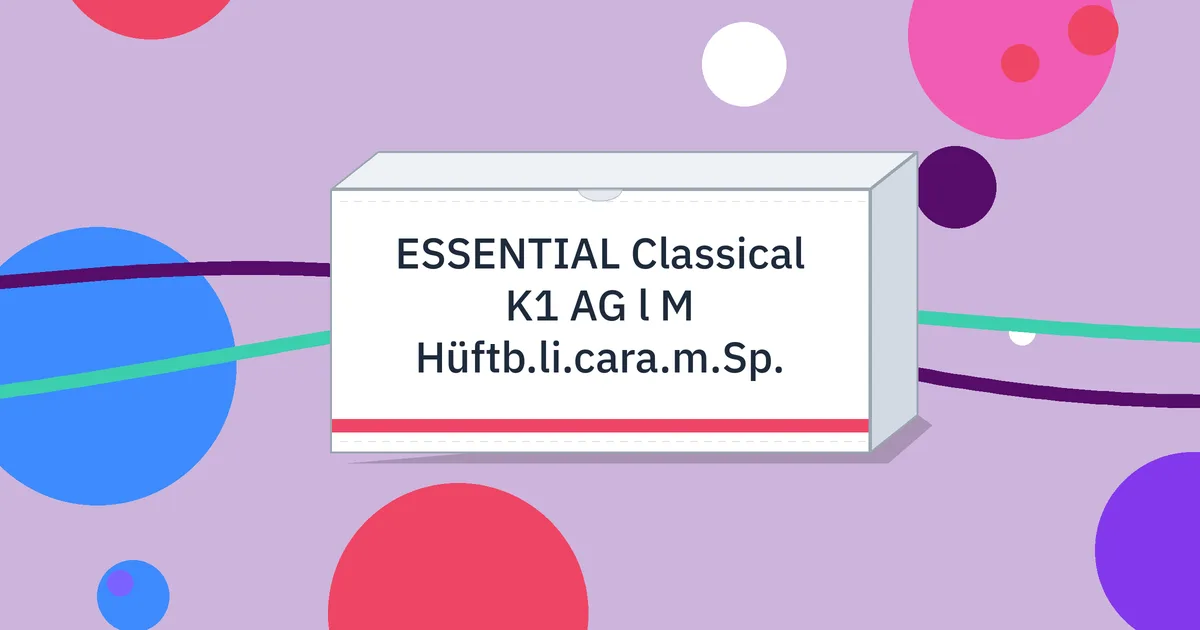 Symbolbild: Packung mit der Aufschrift ESSENTIAL Classical K1 AG l M Hüftb.li.cara.m.Sp. (PZN 17011551) – Verfügbarkeit und Bezug in Apotheken in Frankfurt am Main