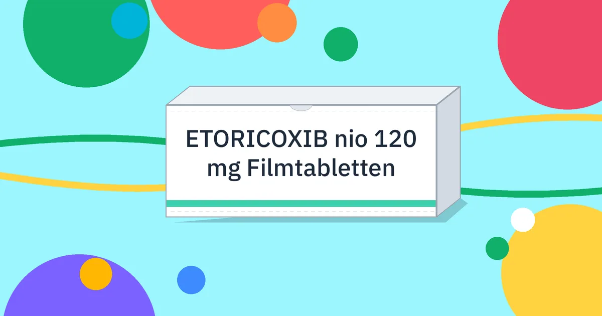 Symbolbild: Packung mit der Aufschrift ETORICOXIB nio 120 mg Filmtabletten (PZN 20348202) – Verfügbarkeit und Bezug in Apotheken in Frankfurt am Main