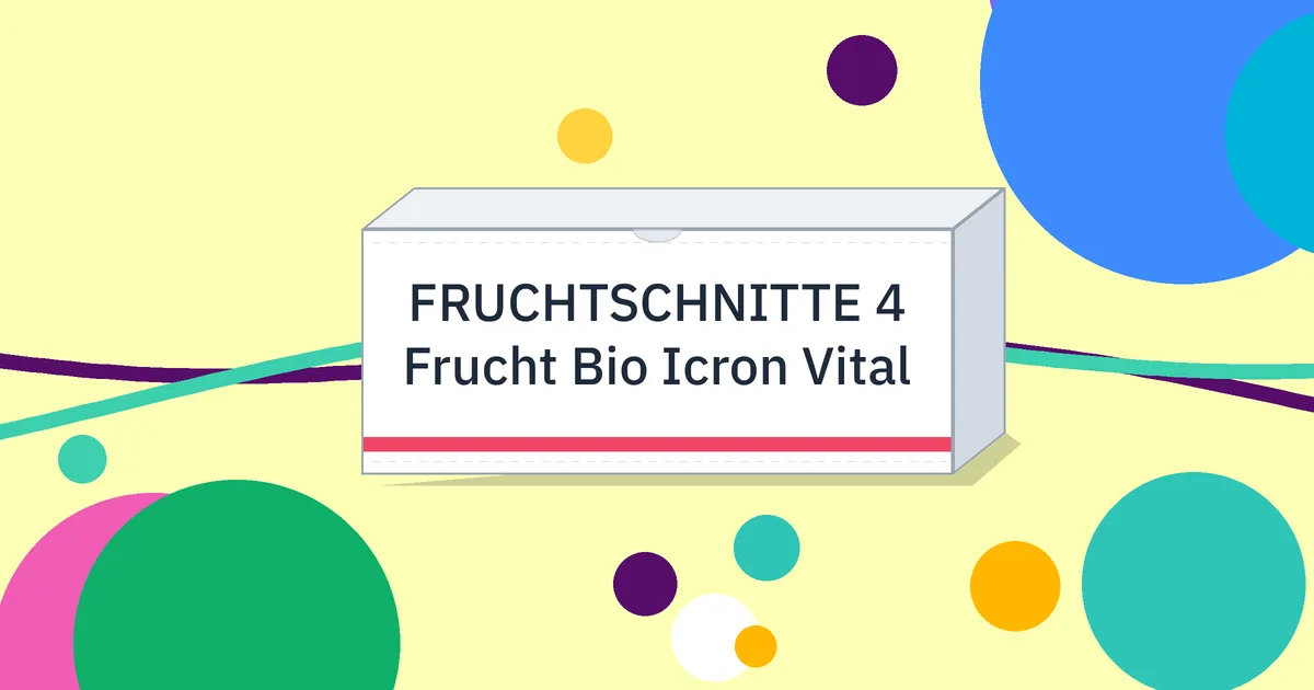 Symbolbild: Packung mit der Aufschrift FRUCHTSCHNITTE 4 Frucht Bio Icron Vital (PZN 01912393) – Verfügbarkeit und Bezug in Apotheken in Frankfurt am Main