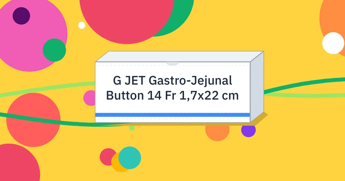 Symbolbild: Packung mit der Aufschrift G JET Gastro-Jejunal Button 14 Fr 1,7x22 cm (PZN 14346481) – Verfügbarkeit und Bezug in Apotheken in Frankfurt am Main