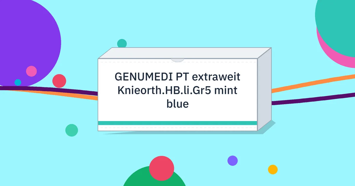 Symbolbild: Packung mit der Aufschrift GENUMEDI PT extraweit Knieorth.HB.li.Gr5 mint blue (PZN 17982668) – Verfügbarkeit und Bezug in Apotheken in Frankfurt am Main
