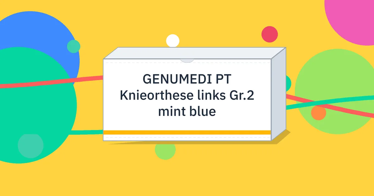 Symbolbild: Packung mit der Aufschrift GENUMEDI PT Knieorthese links Gr.2 mint blue (PZN 17982473) – Verfügbarkeit und Bezug in Apotheken in Frankfurt am Main