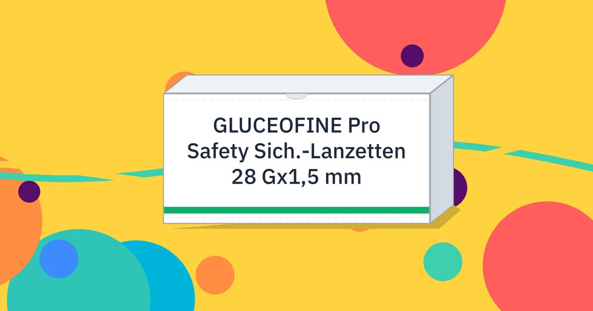 Symbolbild: Packung mit der Aufschrift GLUCEOFINE Pro Safety Sich.-Lanzetten 28 Gx1,5 mm (PZN 14006213) – Verfügbarkeit und Bezug in Apotheken in Frankfurt am Main