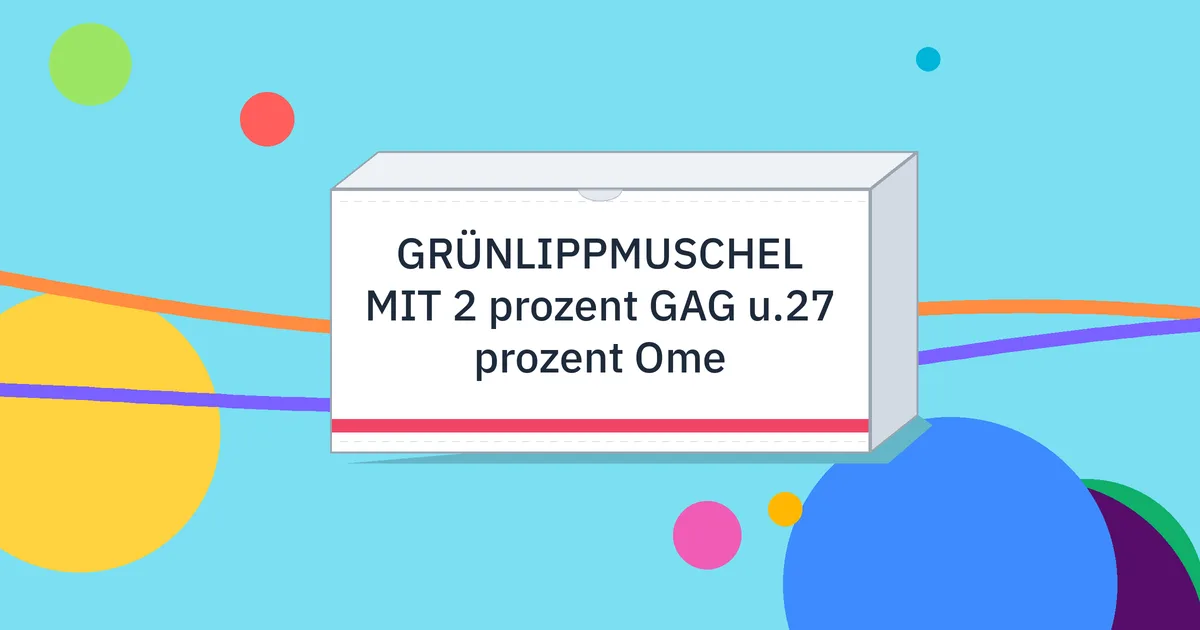 Symbolbild: Packung mit der Aufschrift GRÜNLIPPMUSCHEL MIT 2 prozent GAG u.27 prozent Ome (PZN 08405185) – Verfügbarkeit und Bezug in Apotheken in Frankfurt am Main