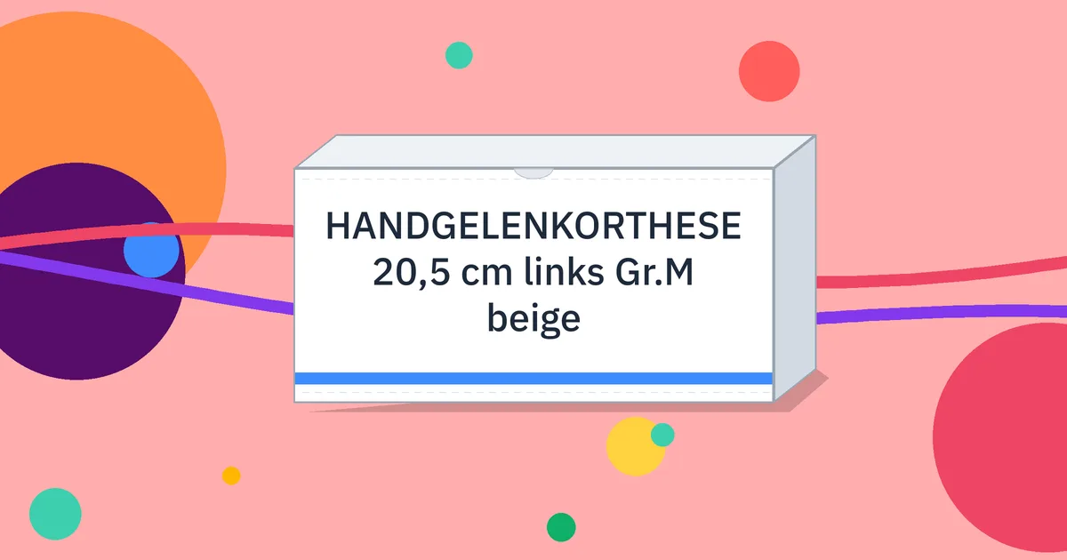 Symbolbild: Packung mit der Aufschrift HANDGELENKORTHESE 20,5 cm links Gr.M beige (PZN 03387488) – Verfügbarkeit und Bezug in Apotheken in Frankfurt am Main