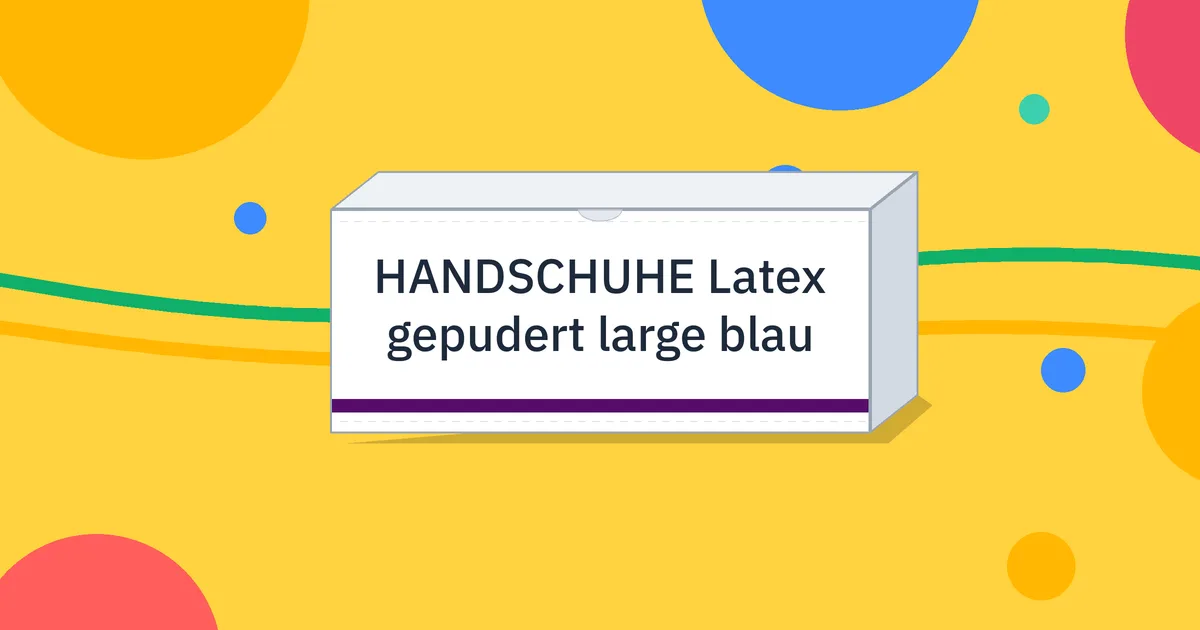 Symbolbild: Packung mit der Aufschrift HANDSCHUHE Latex gepudert large blau (PZN 04650226) – Verfügbarkeit und Bezug in Apotheken in Frankfurt am Main