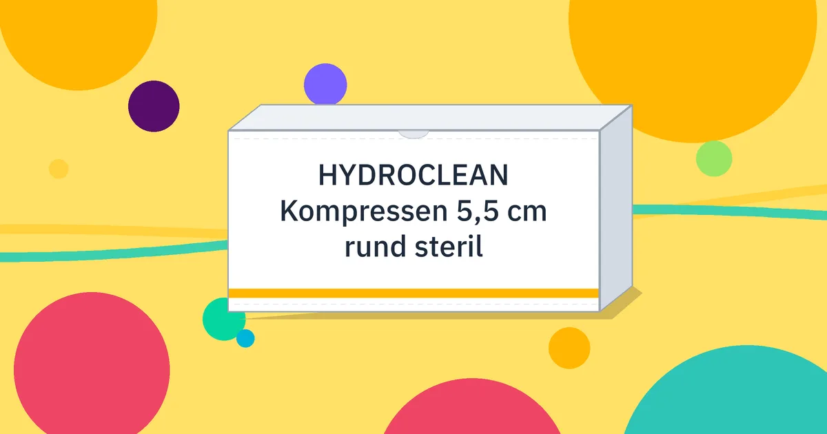 Symbolbild: Packung mit der Aufschrift HYDROCLEAN Kompressen 5,5 cm rund steril (PZN 16226255) – Verfügbarkeit und Bezug in Apotheken in Frankfurt am Main