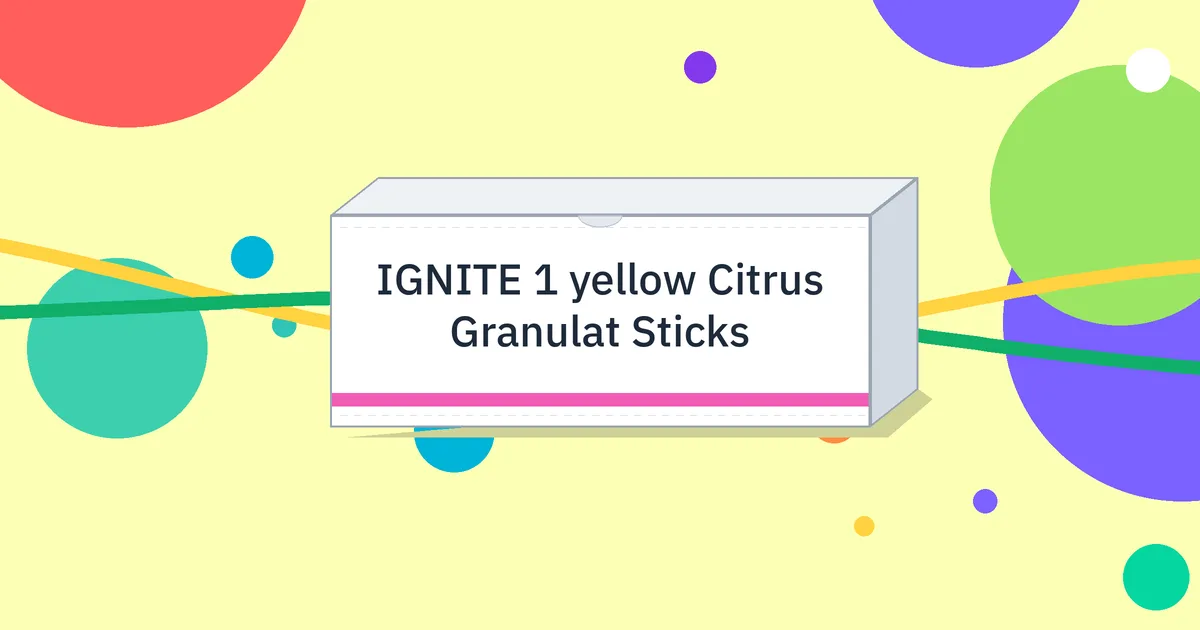 Symbolbild: Packung mit der Aufschrift IGNITE 1 yellow Citrus Granulat Sticks (PZN 19295297) – Verfügbarkeit und Bezug in Apotheken in Frankfurt am Main