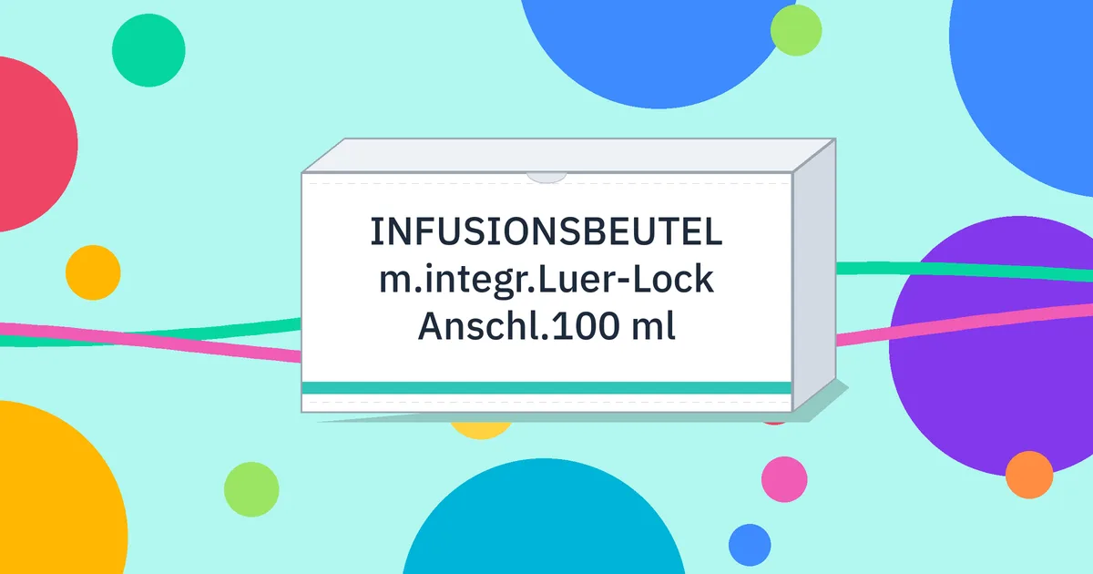 Symbolbild: Packung mit der Aufschrift INFUSIONSBEUTEL m.integr.Luer-Lock Anschl.100 ml (PZN 19986328) – Verfügbarkeit und Bezug in Apotheken in Frankfurt am Main