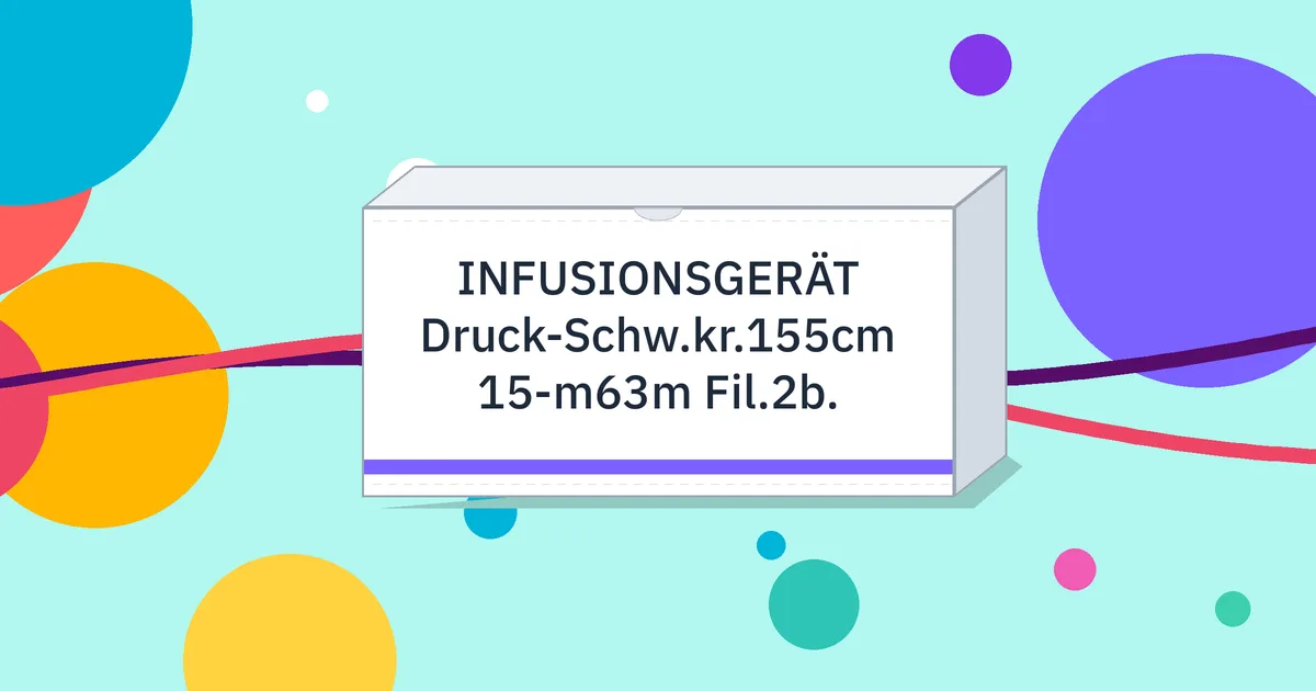 Symbolbild: Packung mit der Aufschrift INFUSIONSGERÄT Druck-Schw.kr.155cm 15-m63m Fil.2b. (PZN 17395155) – Verfügbarkeit und Bezug in Apotheken in Frankfurt am Main