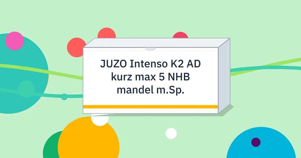 Symbolbild: Packung mit der Aufschrift JUZO Intenso K2 AD kurz max 5 NHB mandel m.Sp. (PZN 18612330) – Verfügbarkeit und Bezug in Apotheken in Frankfurt am Main
