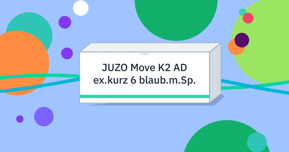 Symbolbild: Packung mit der Aufschrift JUZO Move K2 AD ex.kurz 6 blaub.m.Sp. (PZN 18541535) – Verfügbarkeit und Bezug in Apotheken in Frankfurt am Main