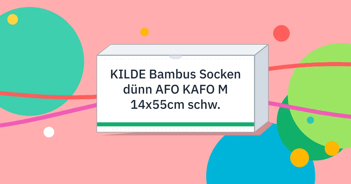 Symbolbild: Packung mit der Aufschrift KILDE Bambus Socken dünn AFO KAFO M 14x55cm schw. (PZN 20798537) – Verfügbarkeit und Bezug in Apotheken in Frankfurt am Main