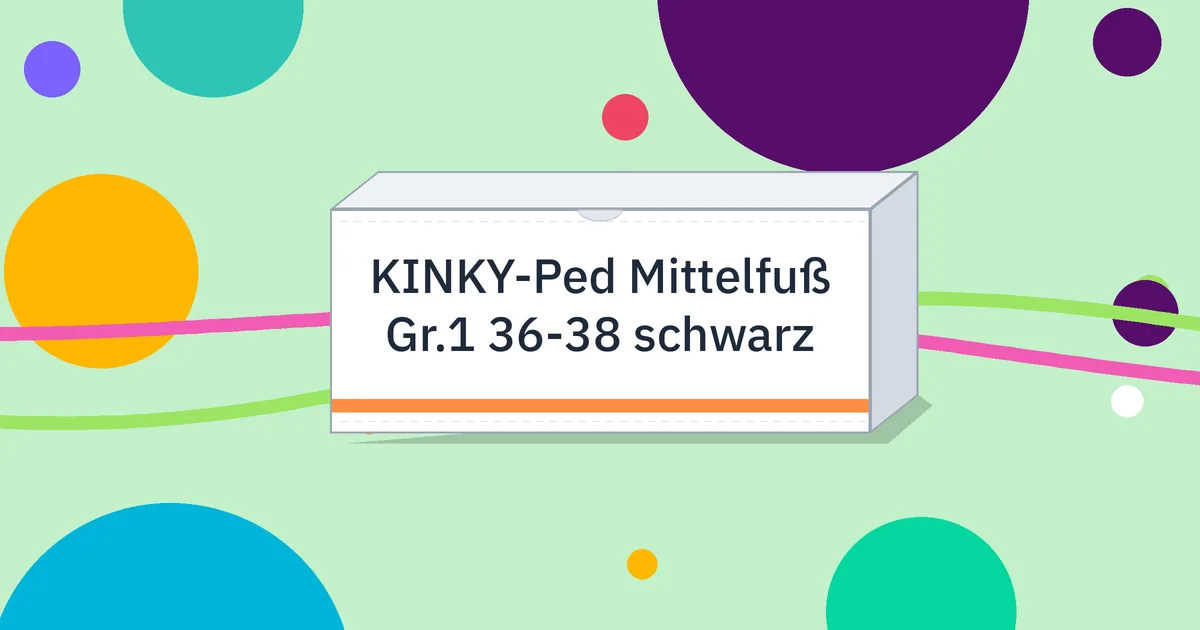 Symbolbild: Packung mit der Aufschrift KINKY-Ped Mittelfuß Gr.1 36-38 schwarz (PZN 11241474) – Verfügbarkeit und Bezug in Apotheken in Frankfurt am Main
