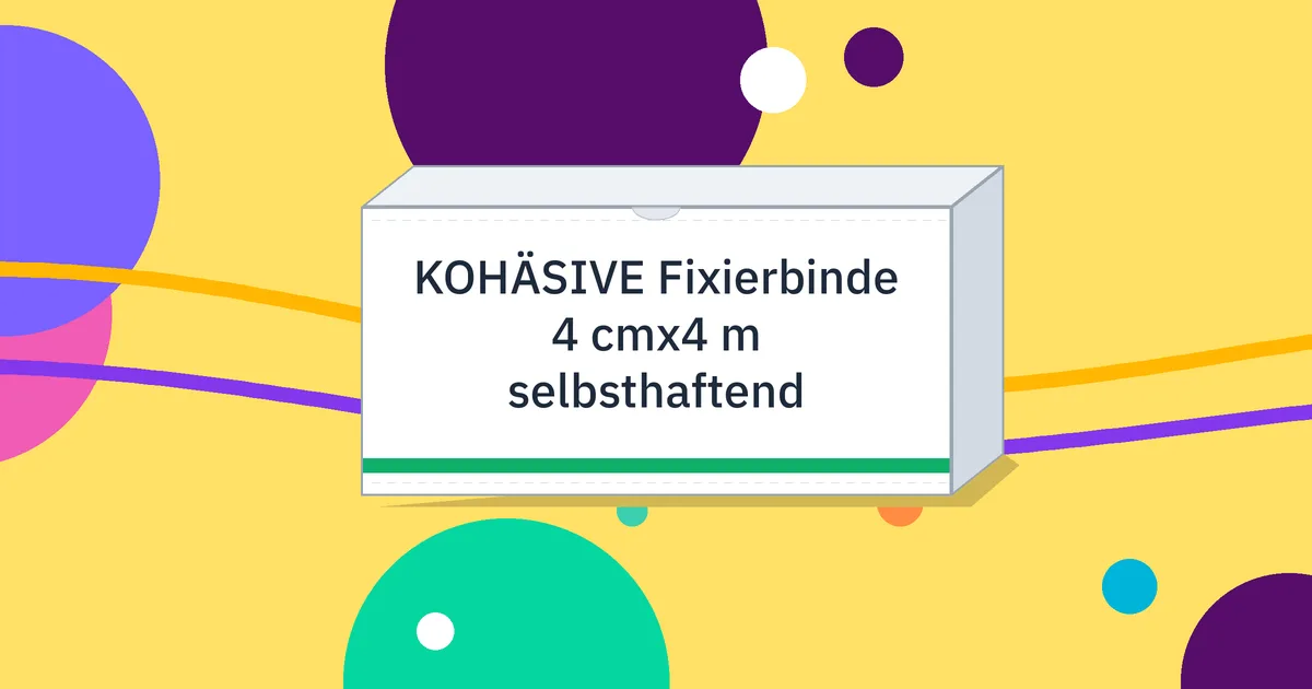 Symbolbild: Packung mit der Aufschrift KOHÄSIVE Fixierbinde 4 cmx4 m selbsthaftend (PZN 17542521) – Verfügbarkeit und Bezug in Apotheken in Frankfurt am Main