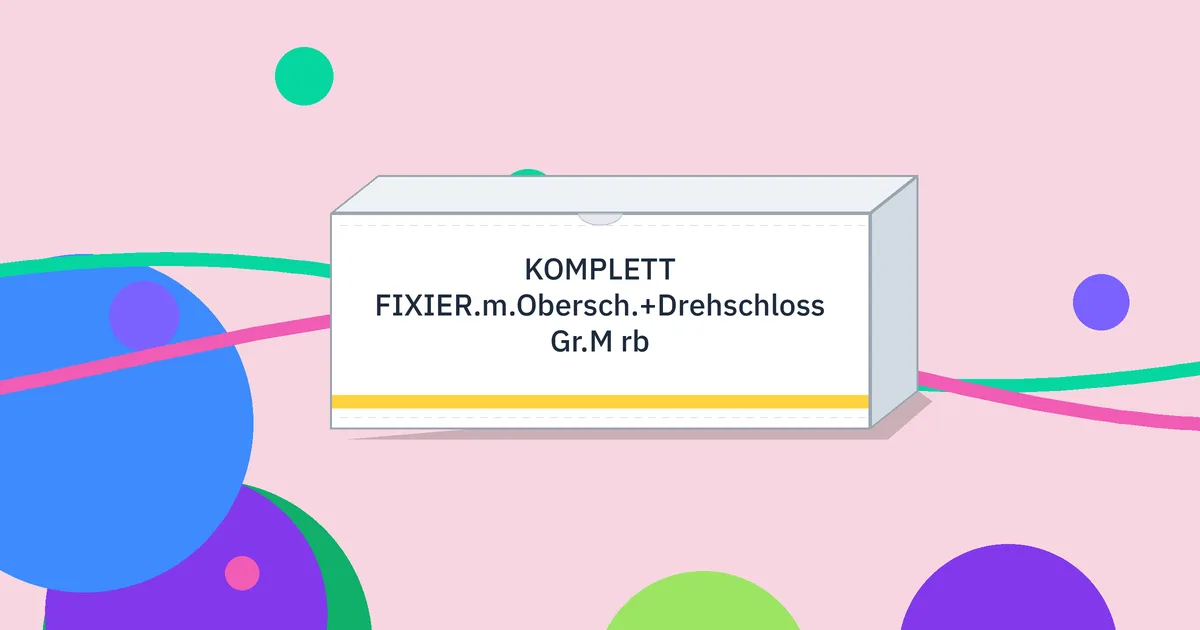 Symbolbild: Packung mit der Aufschrift KOMPLETT FIXIER.m.Obersch.+Drehschloss Gr.M rb (PZN 11573963) – Verfügbarkeit und Bezug in Apotheken in Frankfurt am Main