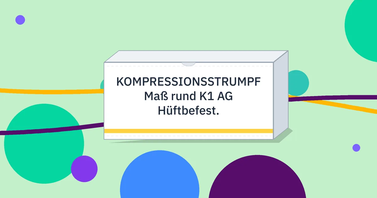 Symbolbild: Packung mit der Aufschrift KOMPRESSIONSSTRUMPF Maß rund K1 AG Hüftbefest. (PZN 04778340) – Verfügbarkeit und Bezug in Apotheken in Frankfurt am Main