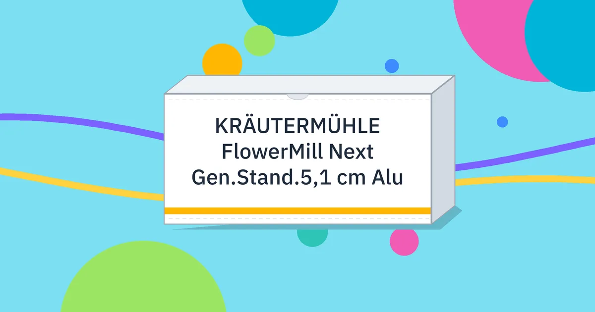 Symbolbild: Packung mit der Aufschrift KRÄUTERMÜHLE FlowerMill Next Gen.Stand.5,1 cm Alu (PZN 19468332) – Verfügbarkeit und Bezug in Apotheken in Frankfurt am Main