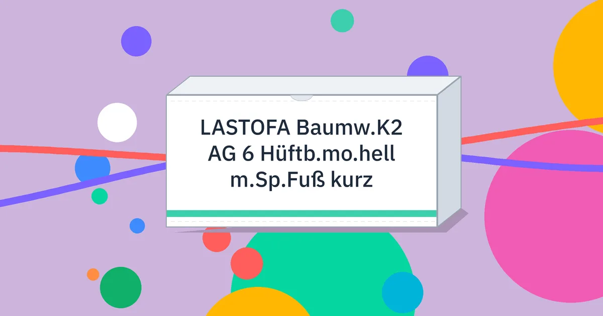 Symbolbild: Packung mit der Aufschrift LASTOFA Baumw.K2 AG 6 Hüftb.mo.hell m.Sp.Fuß kurz (PZN 01949640) – Verfügbarkeit und Bezug in Apotheken in Frankfurt am Main