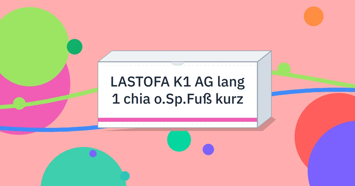 Symbolbild: Packung mit der Aufschrift LASTOFA K1 AG lang 1 chia o.Sp.Fuß kurz (PZN 13788455) – Verfügbarkeit und Bezug in Apotheken in Frankfurt am Main