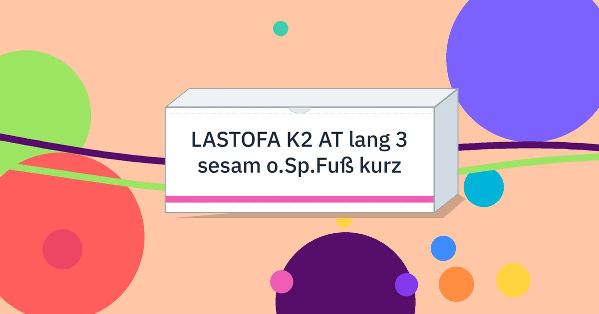 Symbolbild: Packung mit der Aufschrift LASTOFA K2 AT lang 3 sesam o.Sp.Fuß kurz (PZN 13809105) – Verfügbarkeit und Bezug in Apotheken in Frankfurt am Main
