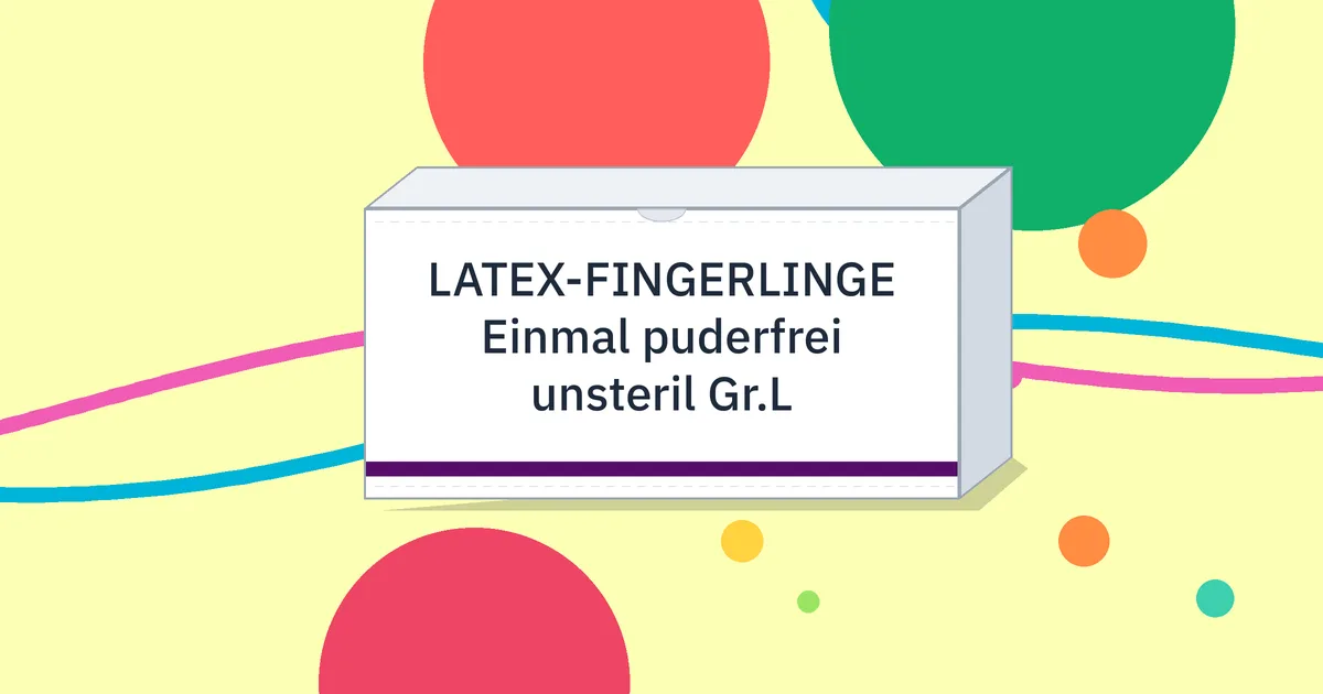 Symbolbild: Packung mit der Aufschrift LATEX-FINGERLINGE Einmal puderfrei unsteril Gr.L (PZN 12392442) – Verfügbarkeit und Bezug in Apotheken in Frankfurt am Main