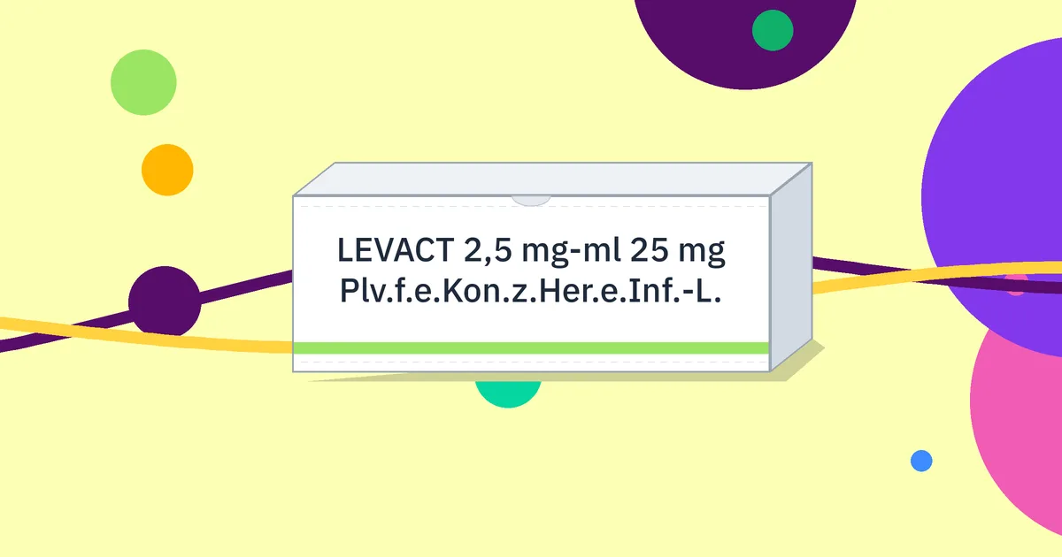 Symbolbild: Packung mit der Aufschrift LEVACT 2,5 mg-ml 25 mg Plv.f.e.Kon.z.Her.e.Inf.-L. (PZN 09083105) – Verfügbarkeit und Bezug in Apotheken in Frankfurt am Main