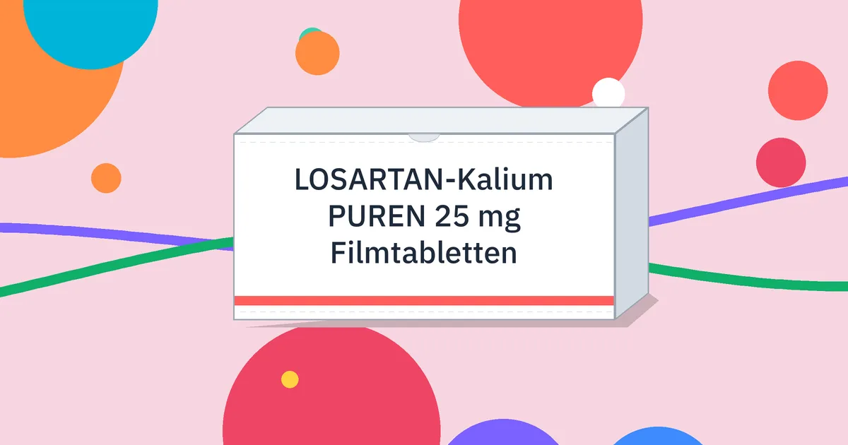 Symbolbild: Packung mit der Aufschrift LOSARTAN-Kalium PUREN 25 mg Filmtabletten (PZN 13572005) – Verfügbarkeit und Bezug in Apotheken in Frankfurt am Main