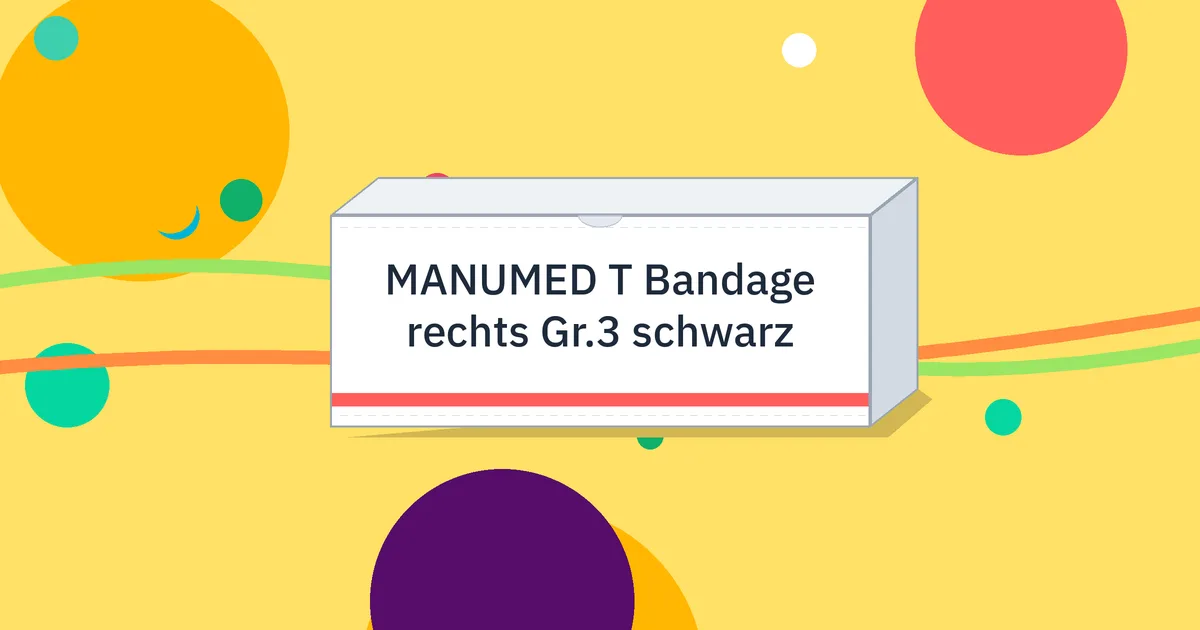Symbolbild: Packung mit der Aufschrift MANUMED T Bandage rechts Gr.3 schwarz (PZN 08469417) – Verfügbarkeit und Bezug in Apotheken in Frankfurt am Main