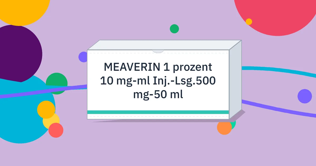 Symbolbild: Packung mit der Aufschrift MEAVERIN 1 prozent 10 mg-ml Inj.-Lsg.500 mg-50 ml (PZN 11101402) – Verfügbarkeit und Bezug in Apotheken in Frankfurt am Main
