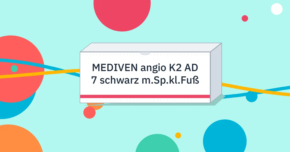 Symbolbild: Packung mit der Aufschrift MEDIVEN angio K2 AD 7 schwarz m.Sp.kl.Fuß (PZN 17210842) – Verfügbarkeit und Bezug in Apotheken in Frankfurt am Main