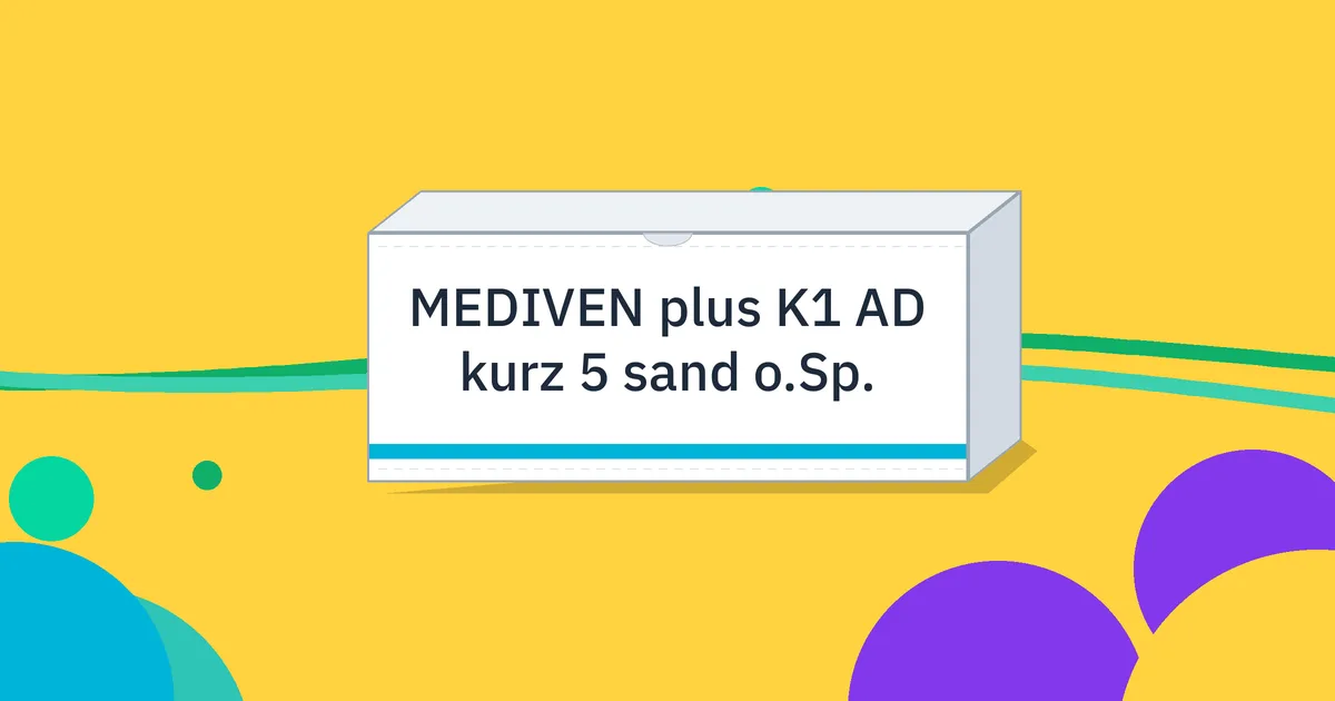 Symbolbild: Packung mit der Aufschrift MEDIVEN plus K1 AD kurz 5 sand o.Sp. (PZN 18934097) – Verfügbarkeit und Bezug in Apotheken in Frankfurt am Main