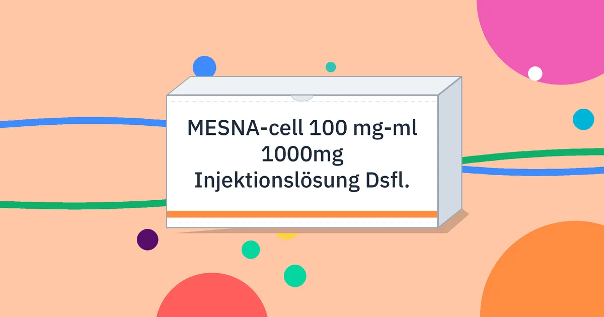 Symbolbild: Packung mit der Aufschrift MESNA-cell 100 mg-ml 1000mg Injektionslösung Dsfl. (PZN 03194737) – Verfügbarkeit und Bezug in Apotheken in Frankfurt am Main