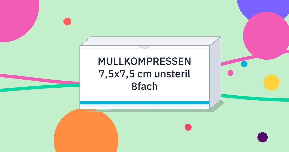 Symbolbild: Packung mit der Aufschrift MULLKOMPRESSEN 7,5x7,5 cm unsteril 8fach (PZN 04525923) – Verfügbarkeit und Bezug in Apotheken in Frankfurt am Main