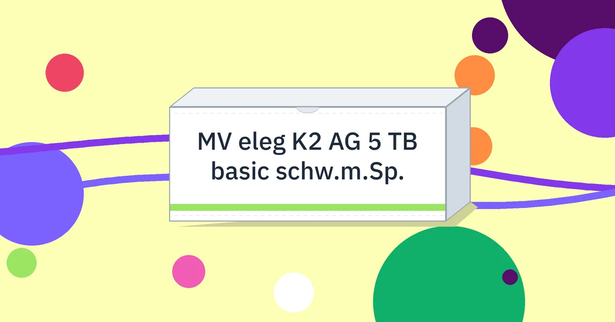 Symbolbild: Packung mit der Aufschrift MV eleg K2 AG 5 TB basic schw.m.Sp. (PZN 00221362) – Verfügbarkeit und Bezug in Apotheken in Frankfurt am Main