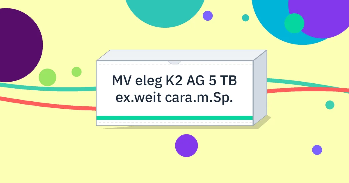 Symbolbild: Packung mit der Aufschrift MV eleg K2 AG 5 TB ex.weit cara.m.Sp. (PZN 09877472) – Verfügbarkeit und Bezug in Apotheken in Frankfurt am Main