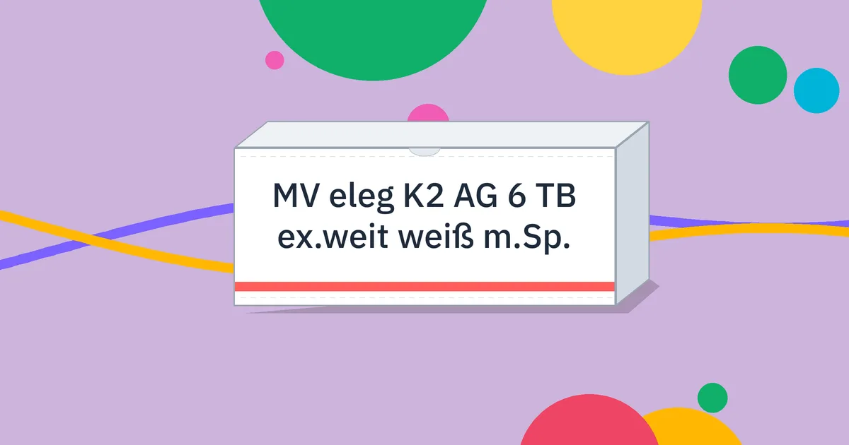 Symbolbild: Packung mit der Aufschrift MV eleg K2 AG 6 TB ex.weit weiß m.Sp. (PZN 09878247) – Verfügbarkeit und Bezug in Apotheken in Frankfurt am Main
