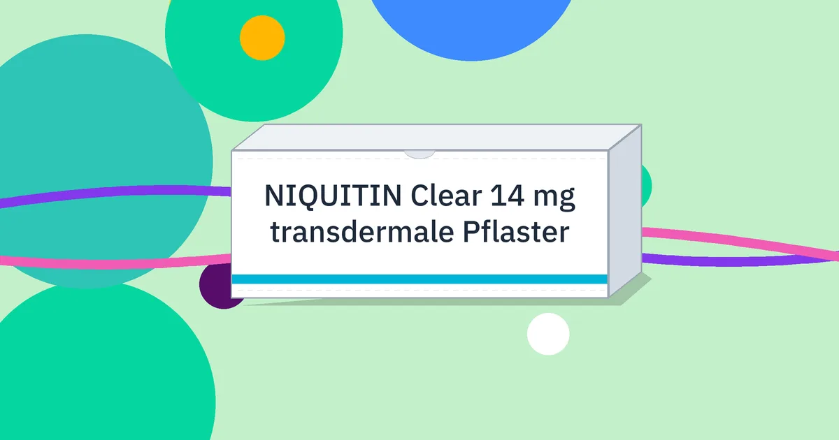 Symbolbild: Packung mit der Aufschrift NIQUITIN Clear 14 mg transdermale Pflaster (PZN 02919664) – Verfügbarkeit und Bezug in Apotheken in Frankfurt am Main