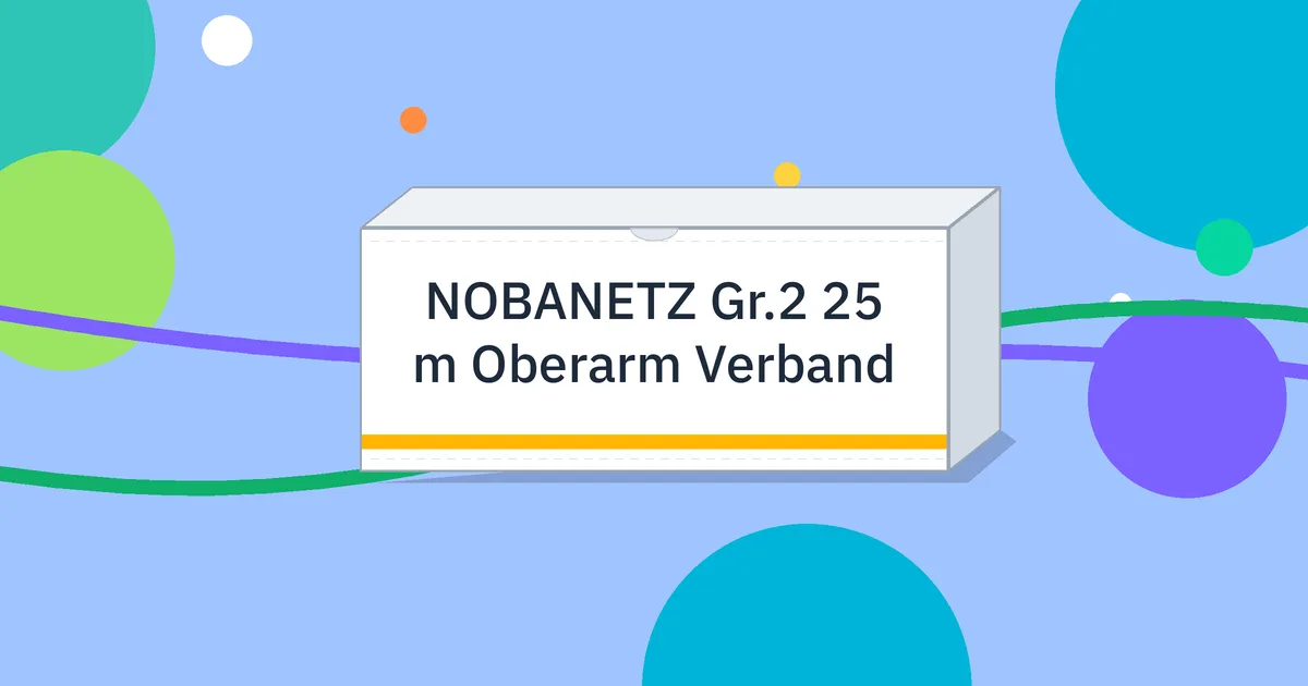 Symbolbild: Packung mit der Aufschrift NOBANETZ Gr.2 25 m Oberarm Verband (PZN 07571616) – Verfügbarkeit und Bezug in Apotheken in Frankfurt am Main