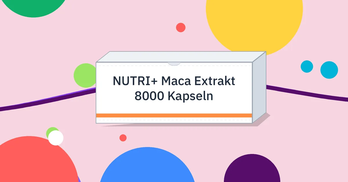 Symbolbild: Packung mit der Aufschrift NUTRI+ Maca Extrakt 8000 Kapseln (PZN 19667468) – Verfügbarkeit und Bezug in Apotheken in Frankfurt am Main