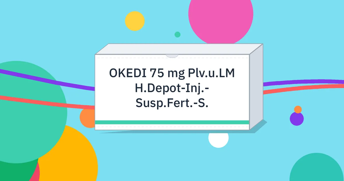Symbolbild: Packung mit der Aufschrift OKEDI 75 mg Plv.u.LM H.Depot-Inj.-Susp.Fert.-S. (PZN 19525550) – Verfügbarkeit und Bezug in Apotheken in Frankfurt am Main