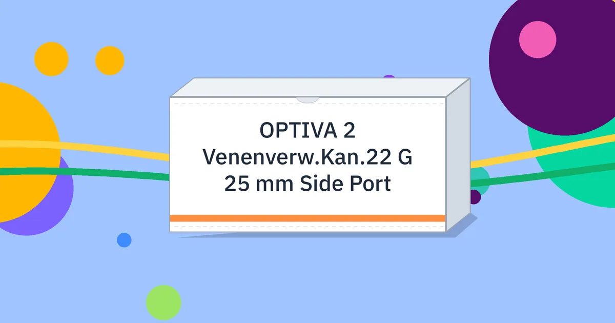Symbolbild: Packung mit der Aufschrift OPTIVA 2 Venenverw.Kan.22 G 25 mm Side Port (PZN 00906686) – Verfügbarkeit und Bezug in Apotheken in Frankfurt am Main