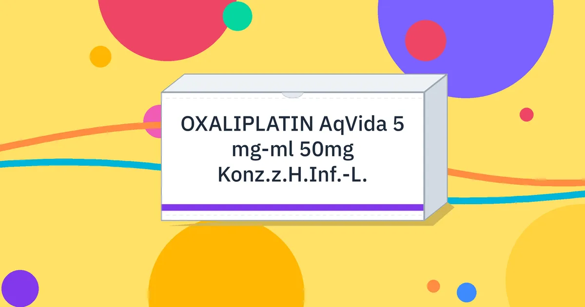 Symbolbild: Packung mit der Aufschrift OXALIPLATIN AqVida 5 mg-ml 50mg Konz.z.H.Inf.-L. (PZN 14279715) – Verfügbarkeit und Bezug in Apotheken in Frankfurt am Main