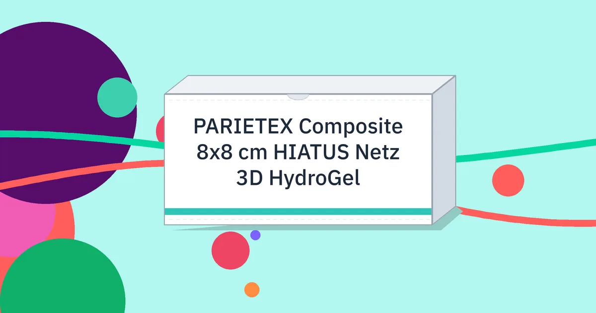 Symbolbild: Packung mit der Aufschrift PARIETEX Composite 8x8 cm HIATUS Netz 3D HydroGel (PZN 00462462) – Verfügbarkeit und Bezug in Apotheken in Frankfurt am Main