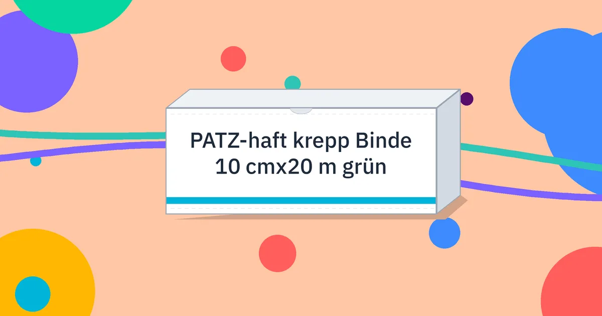 Symbolbild: Packung mit der Aufschrift PATZ-haft krepp Binde 10 cmx20 m grün (PZN 06814850) – Verfügbarkeit und Bezug in Apotheken in Frankfurt am Main