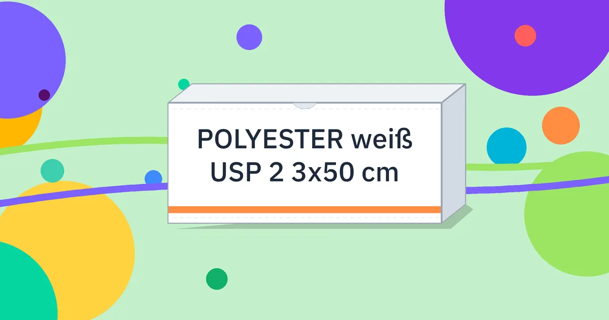 Symbolbild: Packung mit der Aufschrift POLYESTER weiß USP 2 3x50 cm (PZN 01816287) – Verfügbarkeit und Bezug in Apotheken in Frankfurt am Main