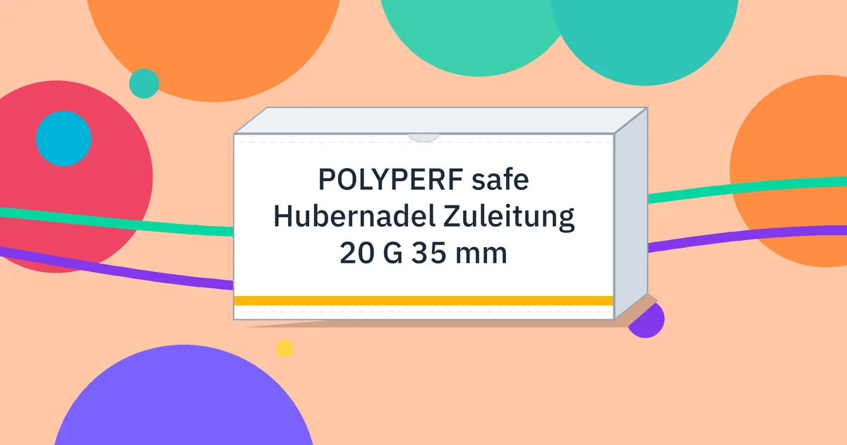 Symbolbild: Packung mit der Aufschrift POLYPERF safe Hubernadel Zuleitung 20 G 35 mm (PZN 12426394) – Verfügbarkeit und Bezug in Apotheken in Frankfurt am Main