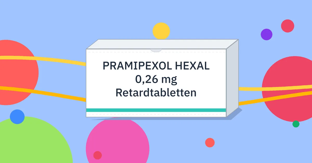 Symbolbild: Packung mit der Aufschrift PRAMIPEXOL HEXAL 0,26 mg Retardtabletten (PZN 08454924) – Verfügbarkeit und Bezug in Apotheken in Frankfurt am Main