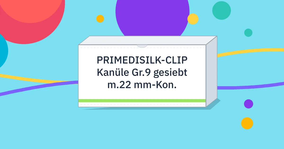 Symbolbild: Packung mit der Aufschrift PRIMEDISILK-CLIP Kanüle Gr.9 gesiebt m.22 mm-Kon. (PZN 10780677) – Verfügbarkeit und Bezug in Apotheken in Frankfurt am Main